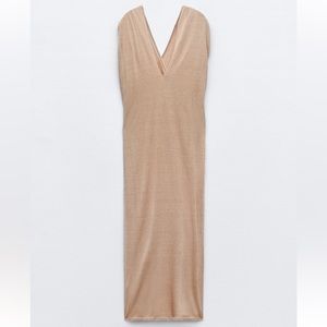 Zara | Dresses | Zara Linen Blend Ruched Knit Midi Dress Sand Color Nwt ...